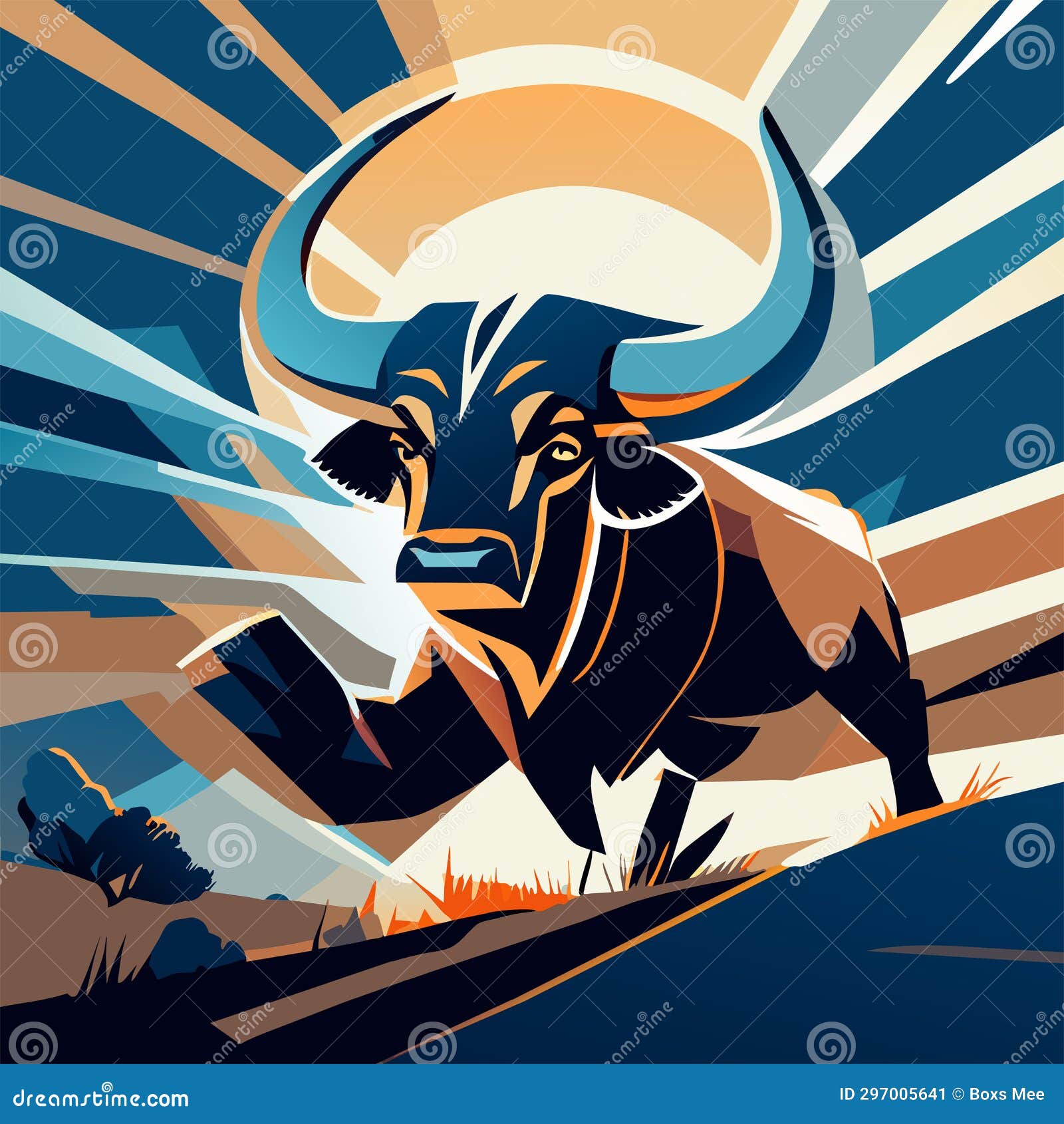 Bull on a Background of the Sun. Vector Illustration in Retro Style ...