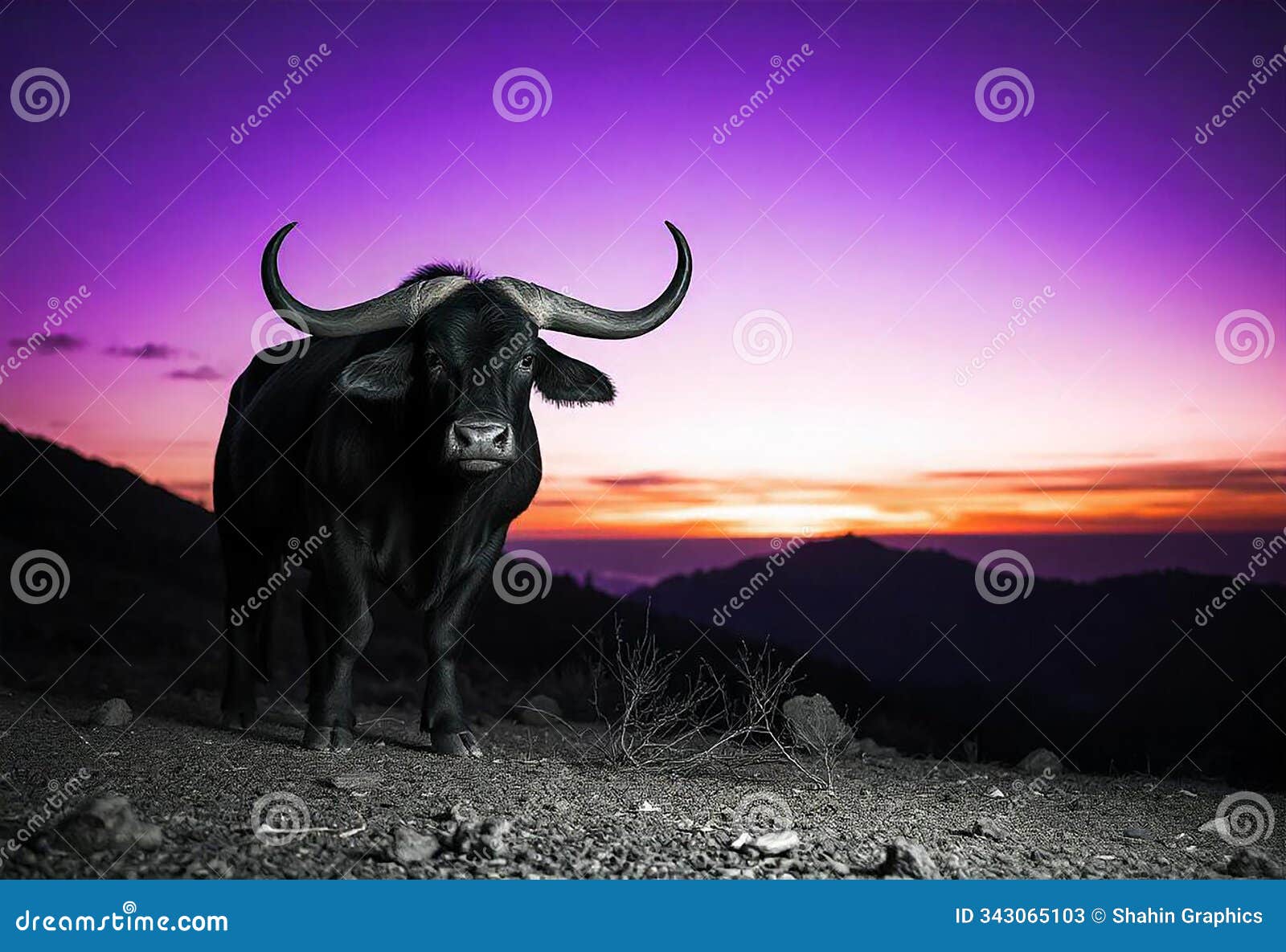 A Striking Bull Stands Proudly On A Farm, Its Powerful Horns And ...