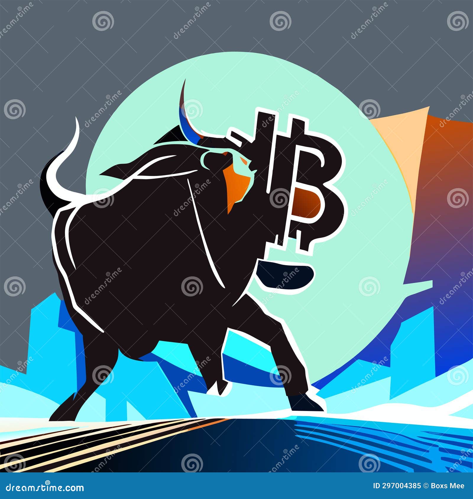 Bull with Bitcoin on the Background of the Night City. Vector ...