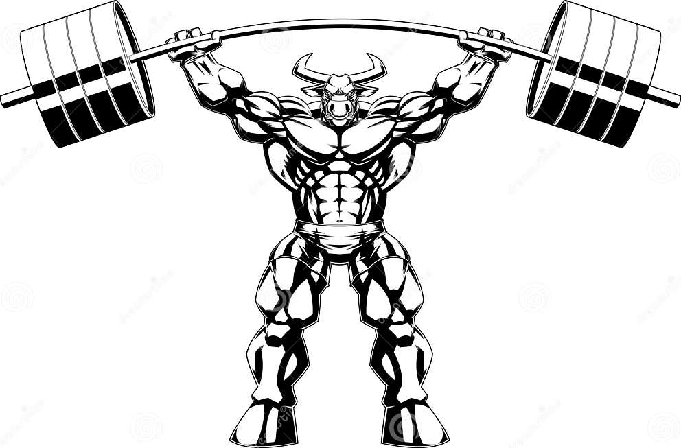 Outlined Muscular Bull Bodybuilder Mascot Lifting Big Barbell Stock ...