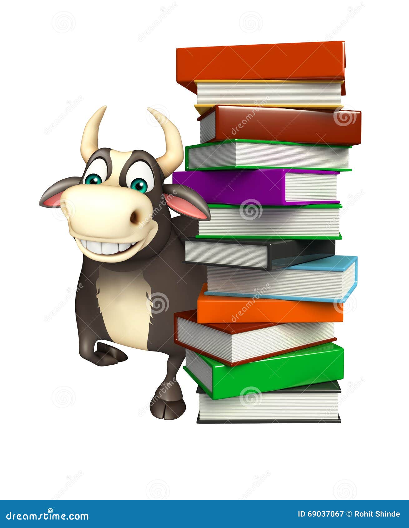 Bull Cartoon Character with Book Stack Stock Illustration ...