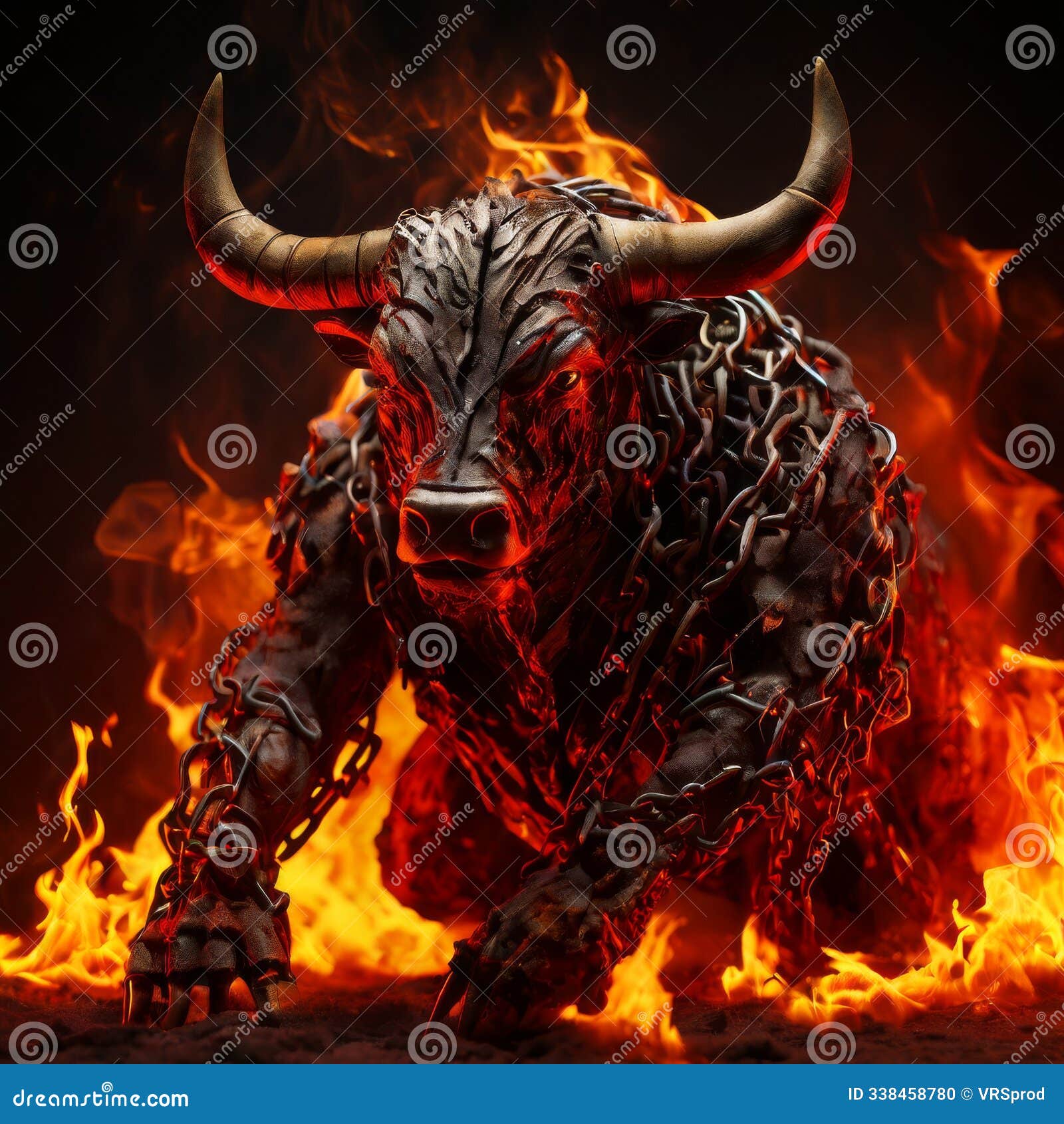 Bull in Chains Surrounded by Flames, Symbolizing Restrained Power Stock ...