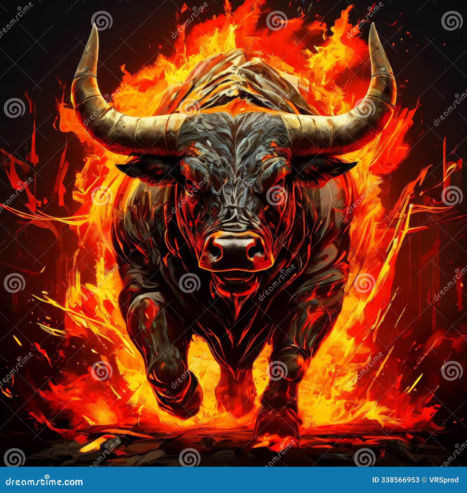 Bull Charging through Flames, Representing Unstoppable Strength Stock ...