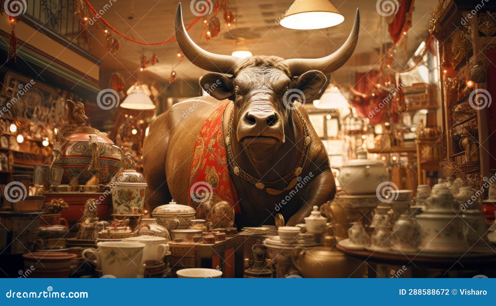 Bull in a china shop stock illustration. Illustration of horns - 288588672