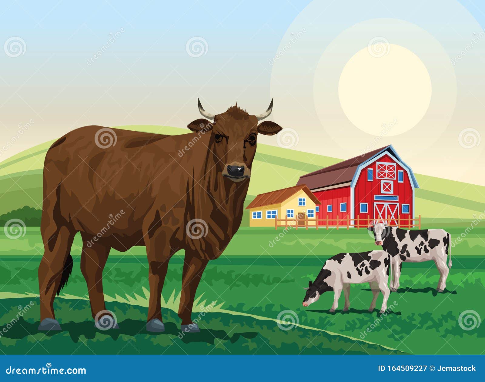 Bull and Cows in the Landscape Scene Stock Vector - Illustration of ...