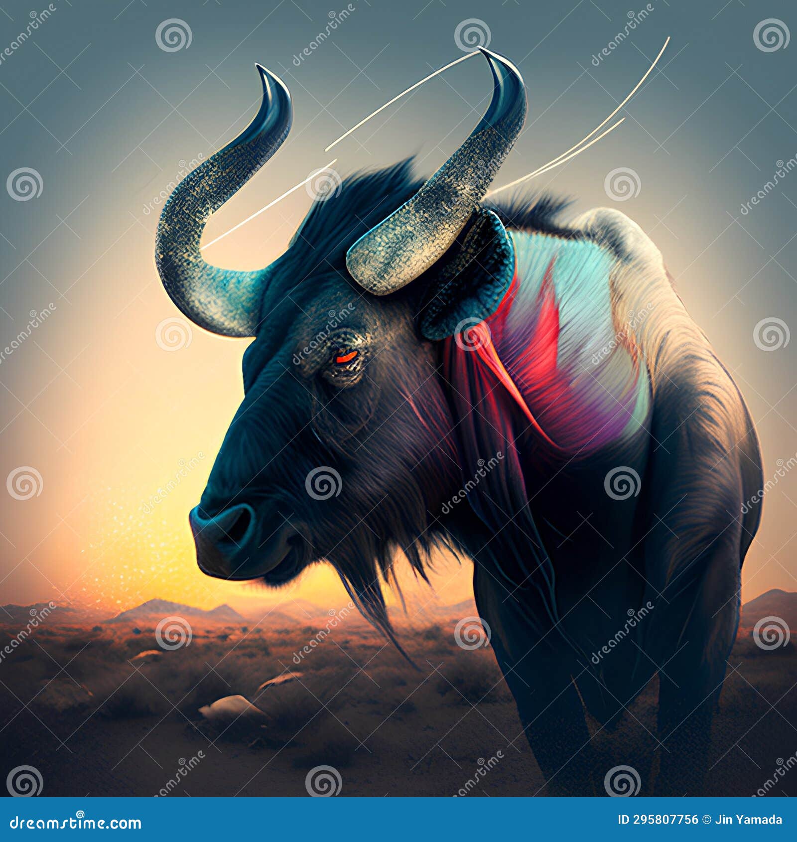 Bull in the Desert at Sunset. 3D Illustration. Fantasy Stock ...