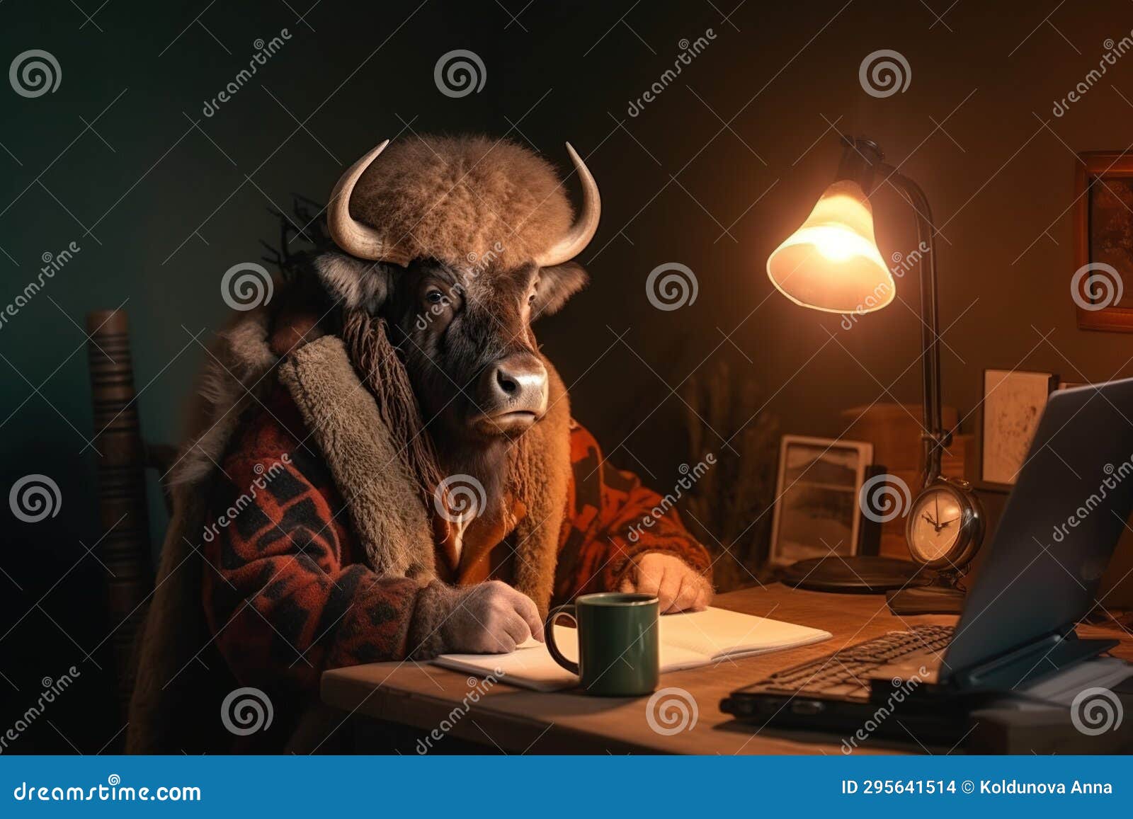 Bull Dressed Working at Night Sitting with Lamp Having a Lot of Tasks ...