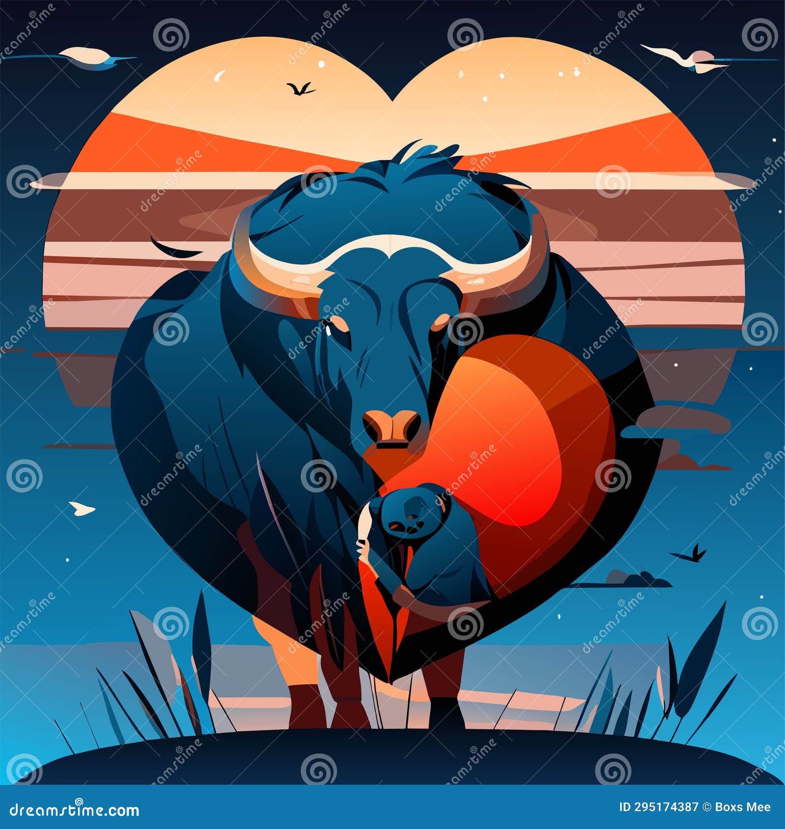 Bull in the Field at Sunset. Vector Illustration in Flat Style Stock ...