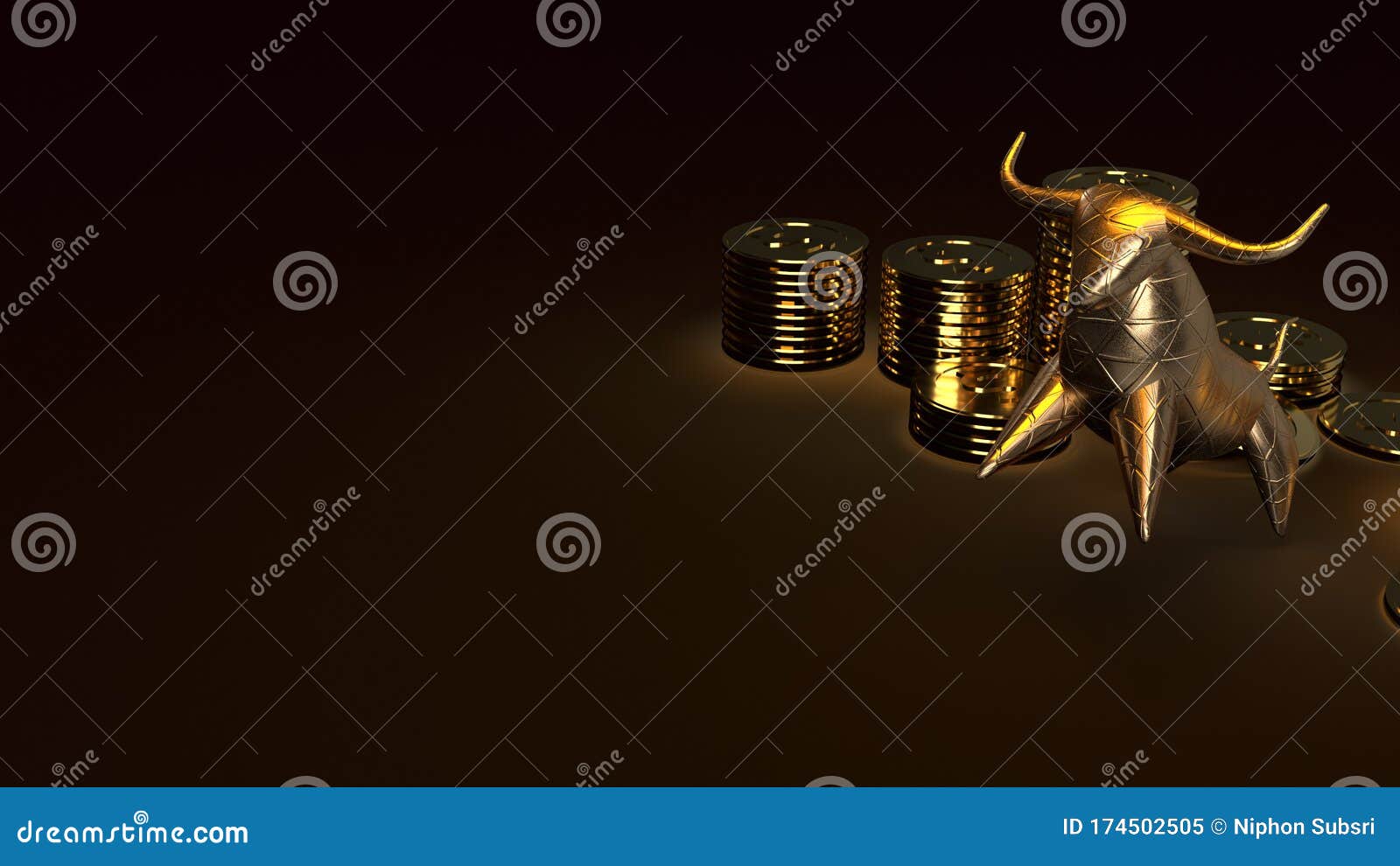 Bull Gold and Gold Coins 3d Rendering in Dark Tone for Business Content ...