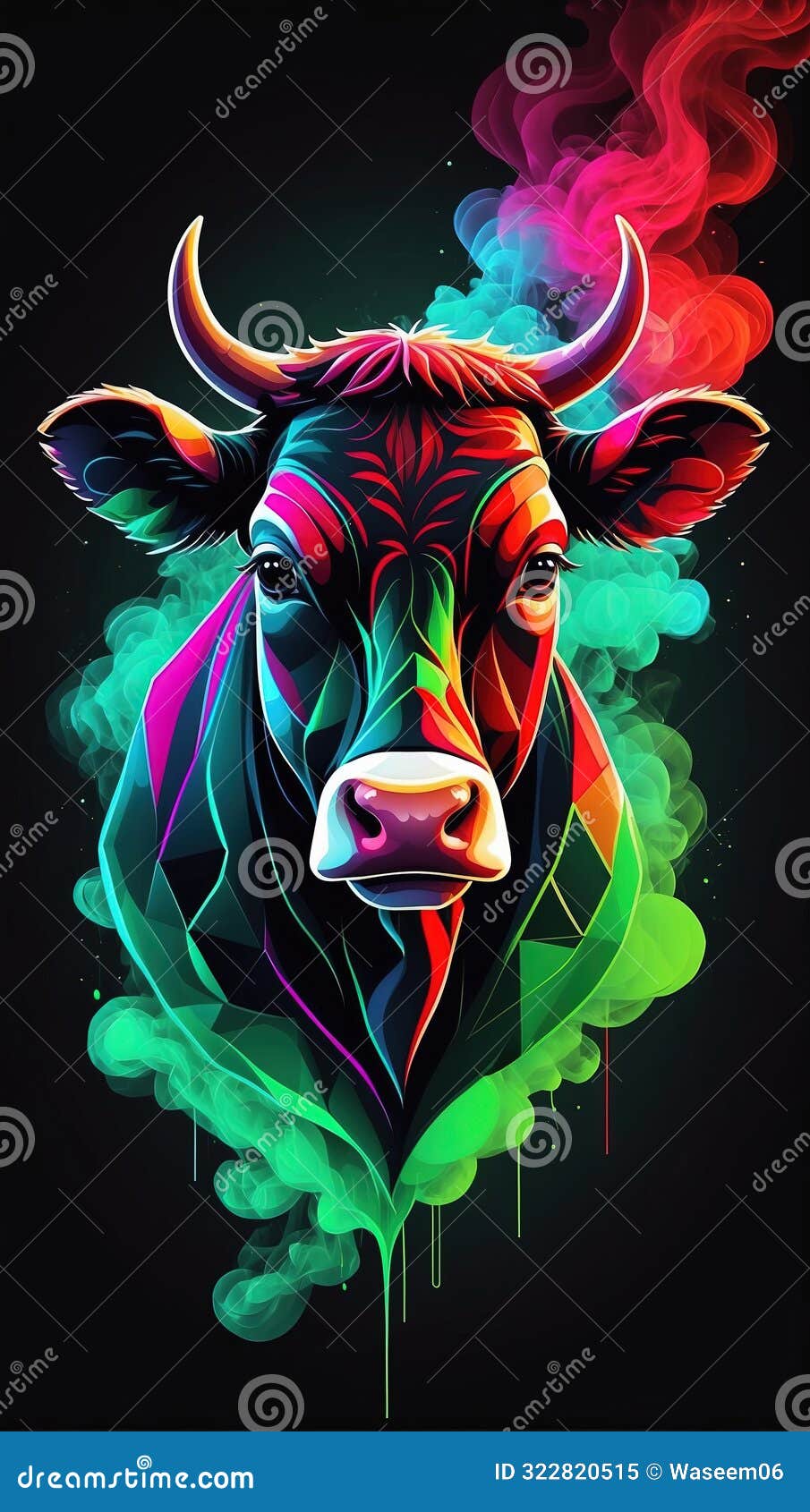 Bull Head with Colorful Smoke on Black Background Stock Illustration ...