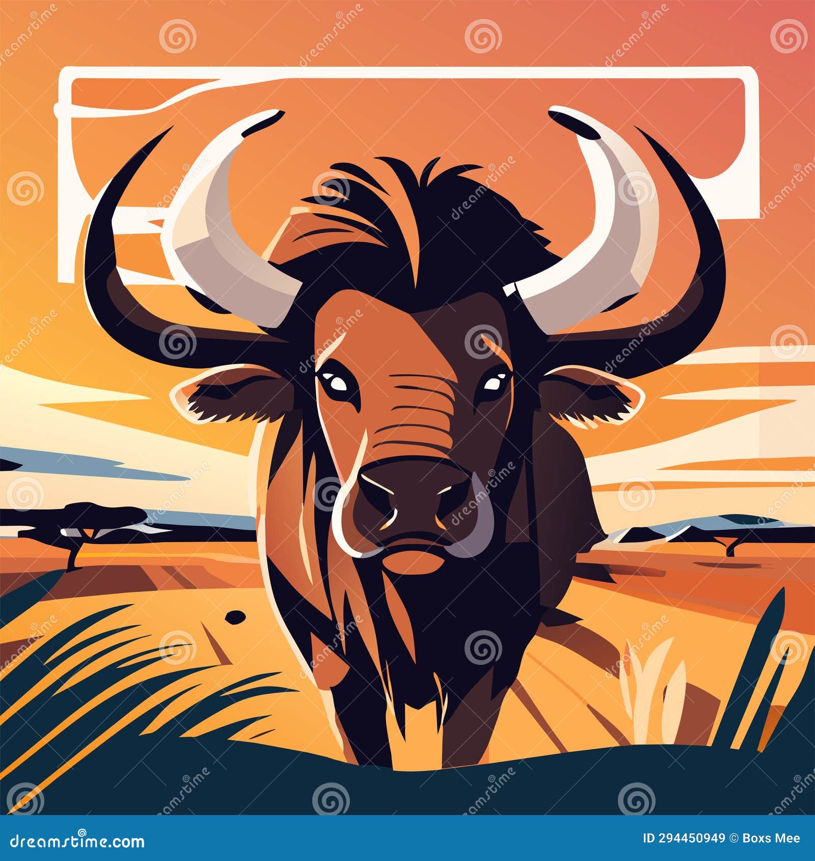 Bull Head in the Field at Sunset. Vector Illustration in Flat Style ...