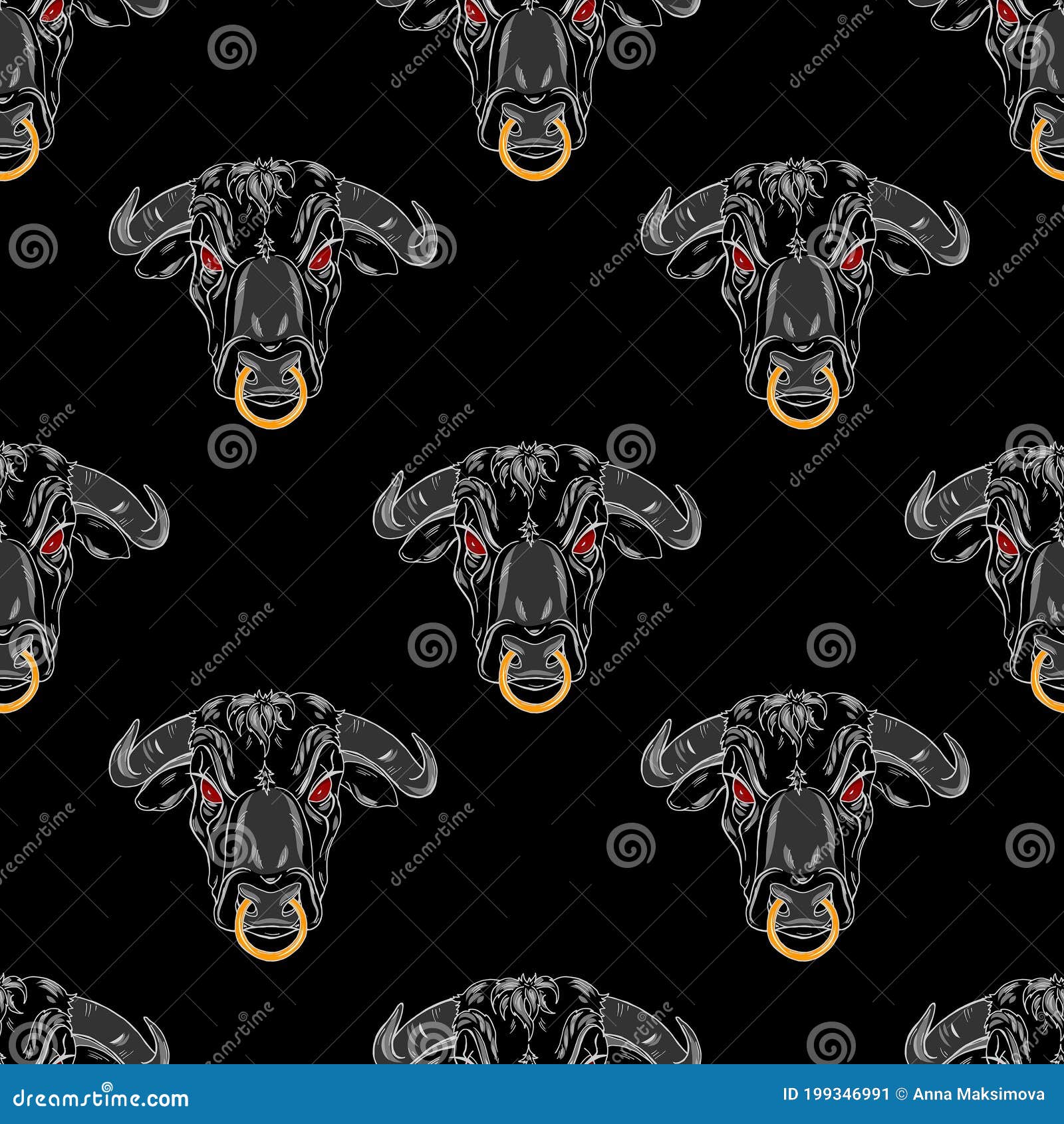 Bull Heads on Black Background, Seamless Stock Vector - Illustration of ...