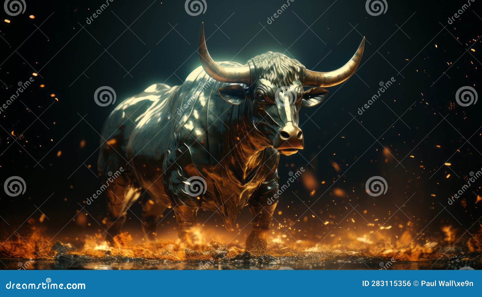 Bull Made of Gold Walking through Glowing Cool. Stock Photo - Image of ...