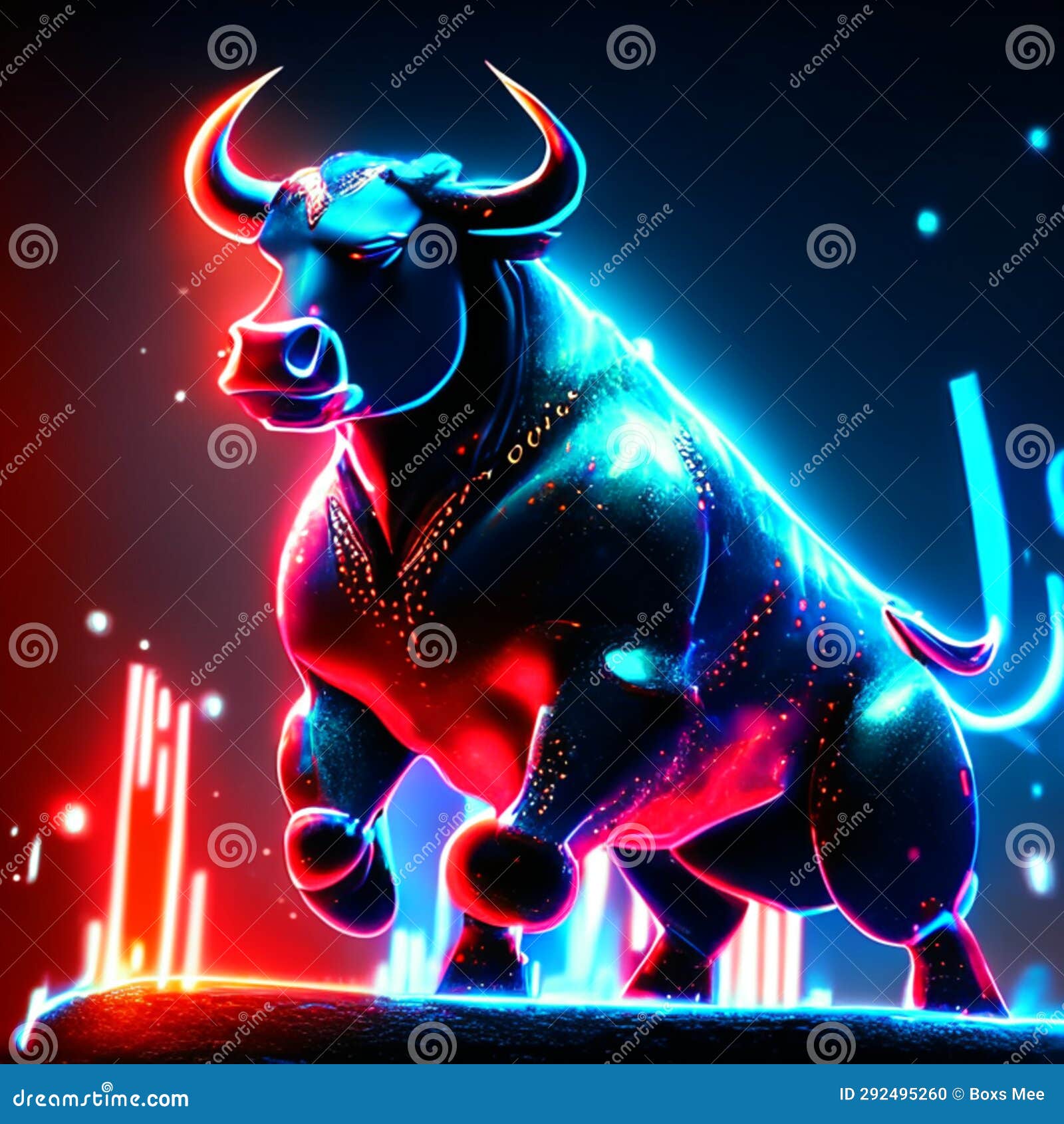 Bull in Neon Light, 3d Rendering. Computer Digital Drawing Stock ...