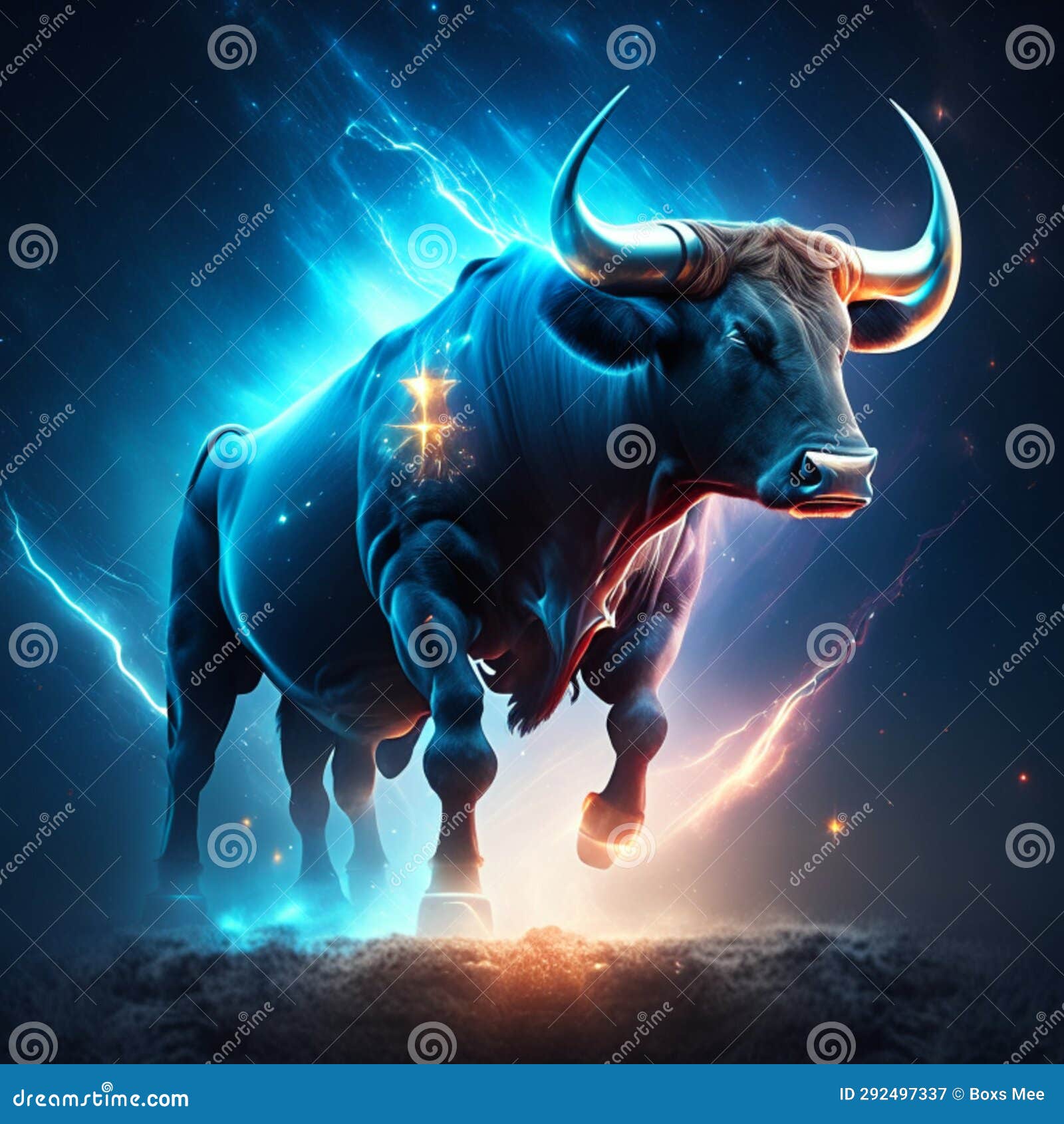 Bull in the Night Sky with Rays of Light. 3d Rendering Generative AI ...