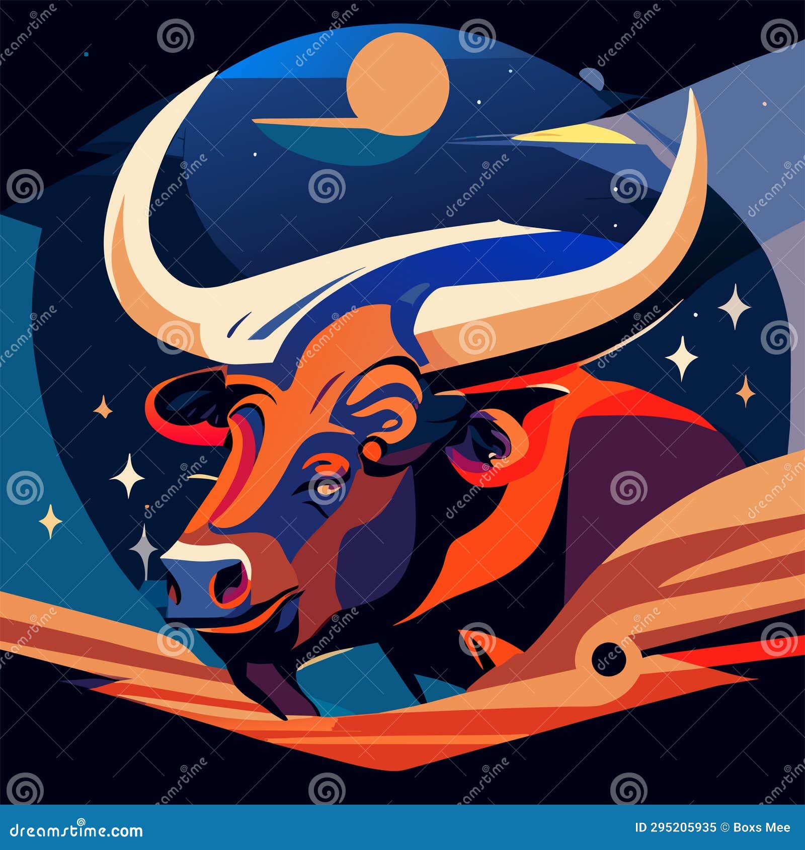 Bull in the Night Sky. Vector Illustration in Flat Cartoon Style Stock ...