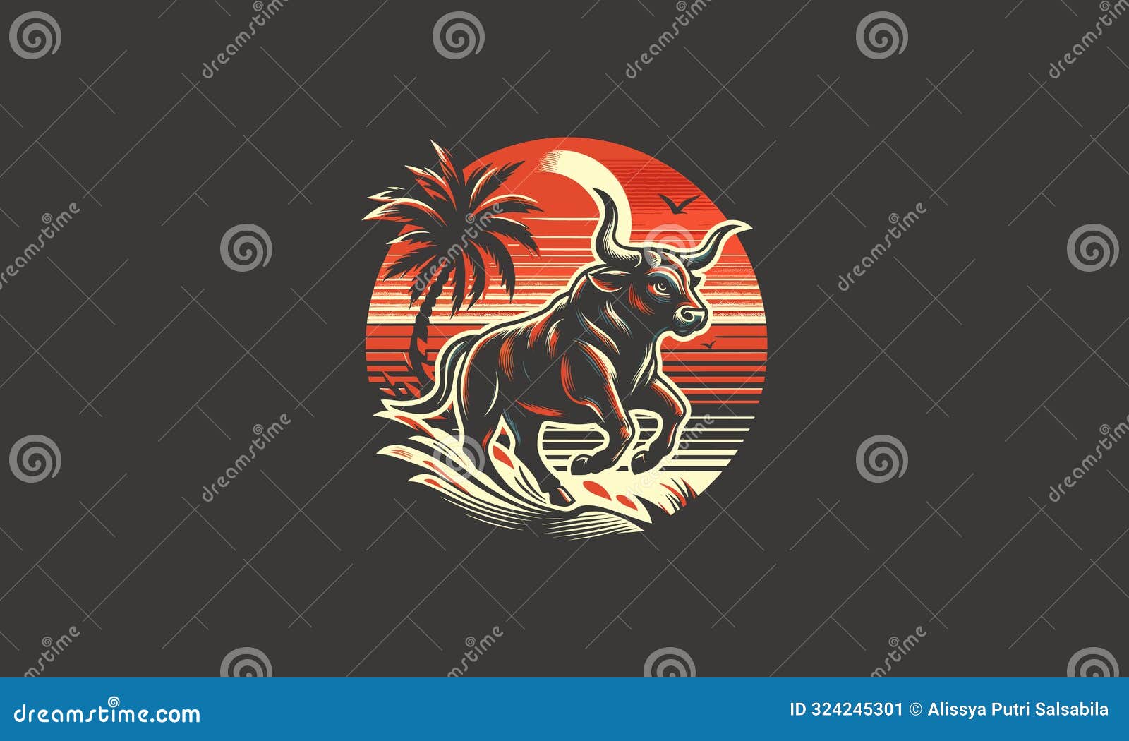 Bull Running on Beach Sunset and Palm Vector Artwork Design Stock ...