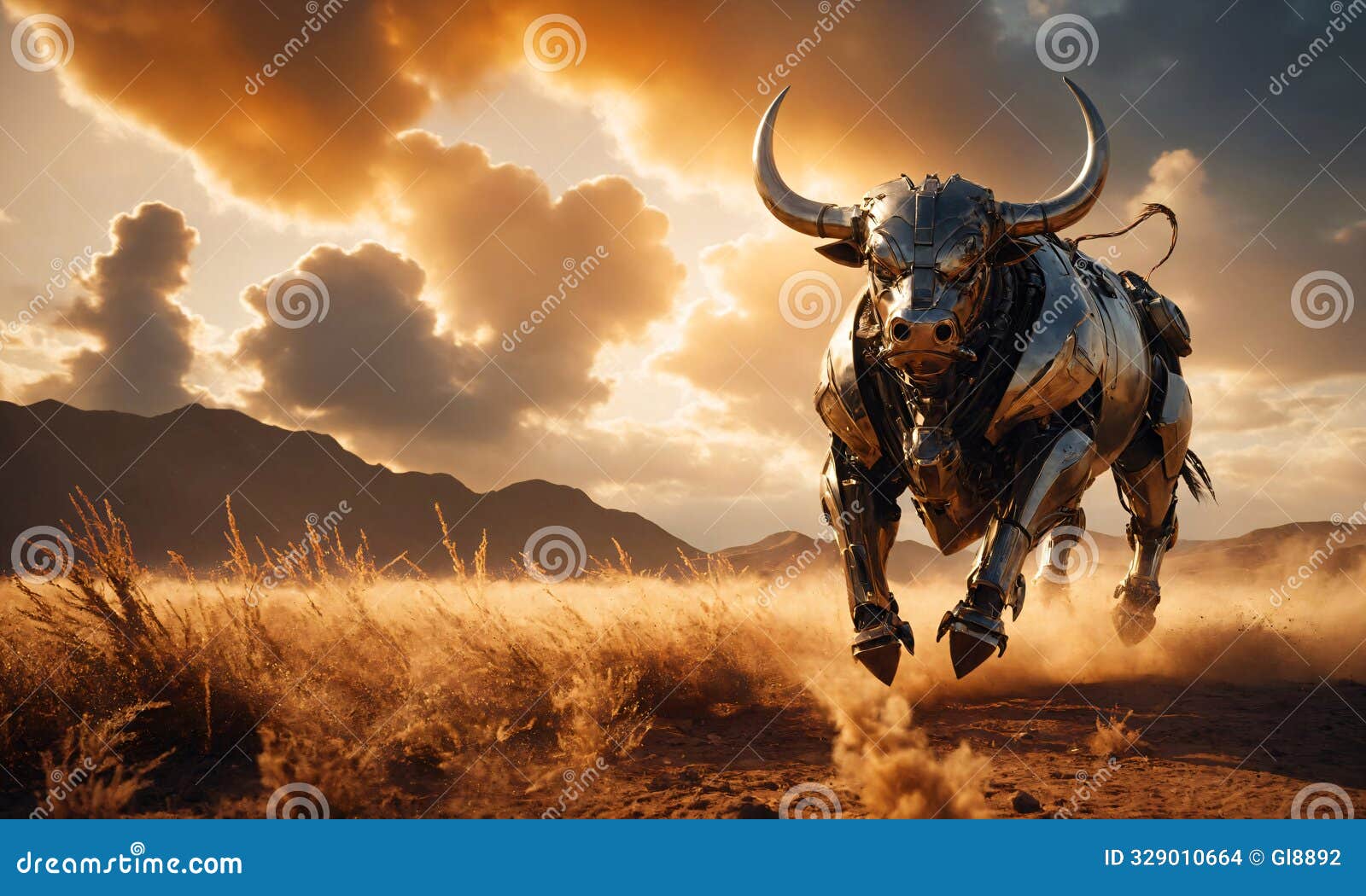 Bull Running in the Steppe at Sunset Stock Illustration - Illustration ...