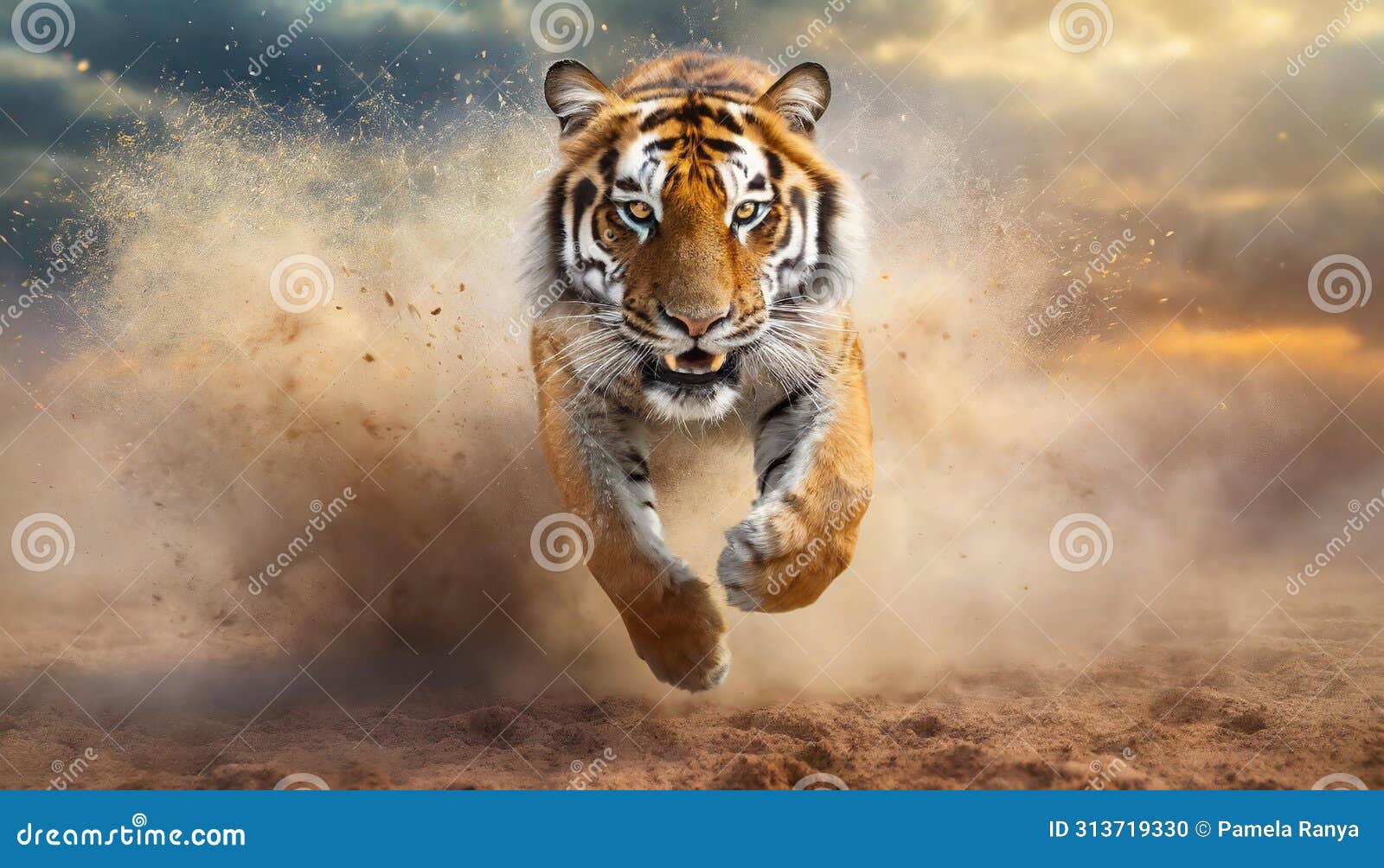 A Tiger Runs in a Cloud of Dust and Dirt. Dynamic and Frontal Image ...