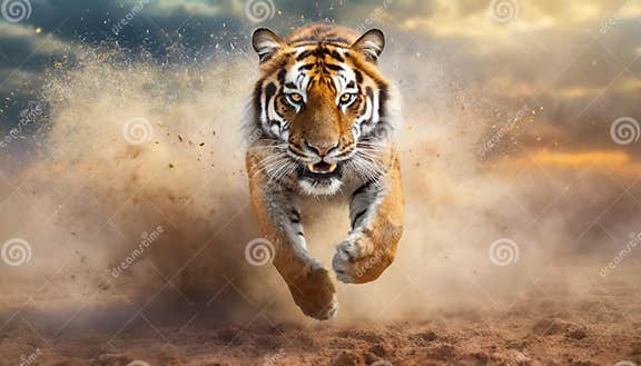 A Tiger Runs in a Cloud of Dust and Dirt. Dynamic and Frontal Image ...