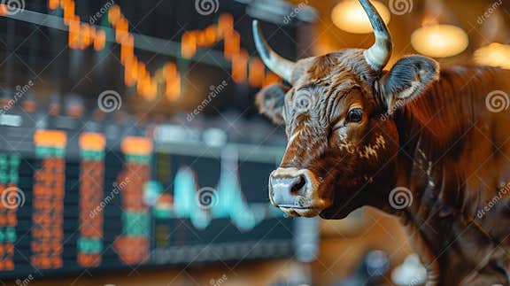 Bull Sculpture in Front of Financial Market Data Display Showcasing ... Bull Sculpture in Front of Financial Market Data Display Showcasing ...