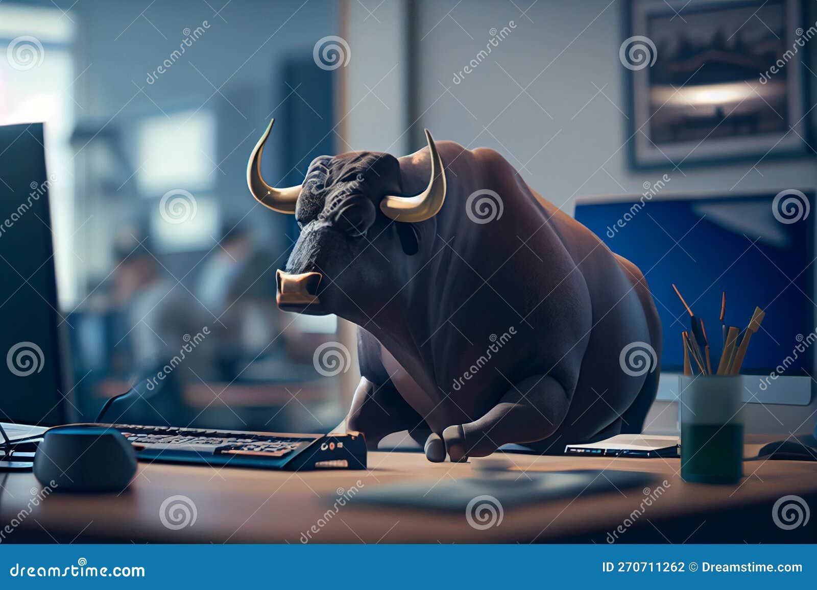 Bull is Sitting at the Office Table in Front of a Computer.generative ...