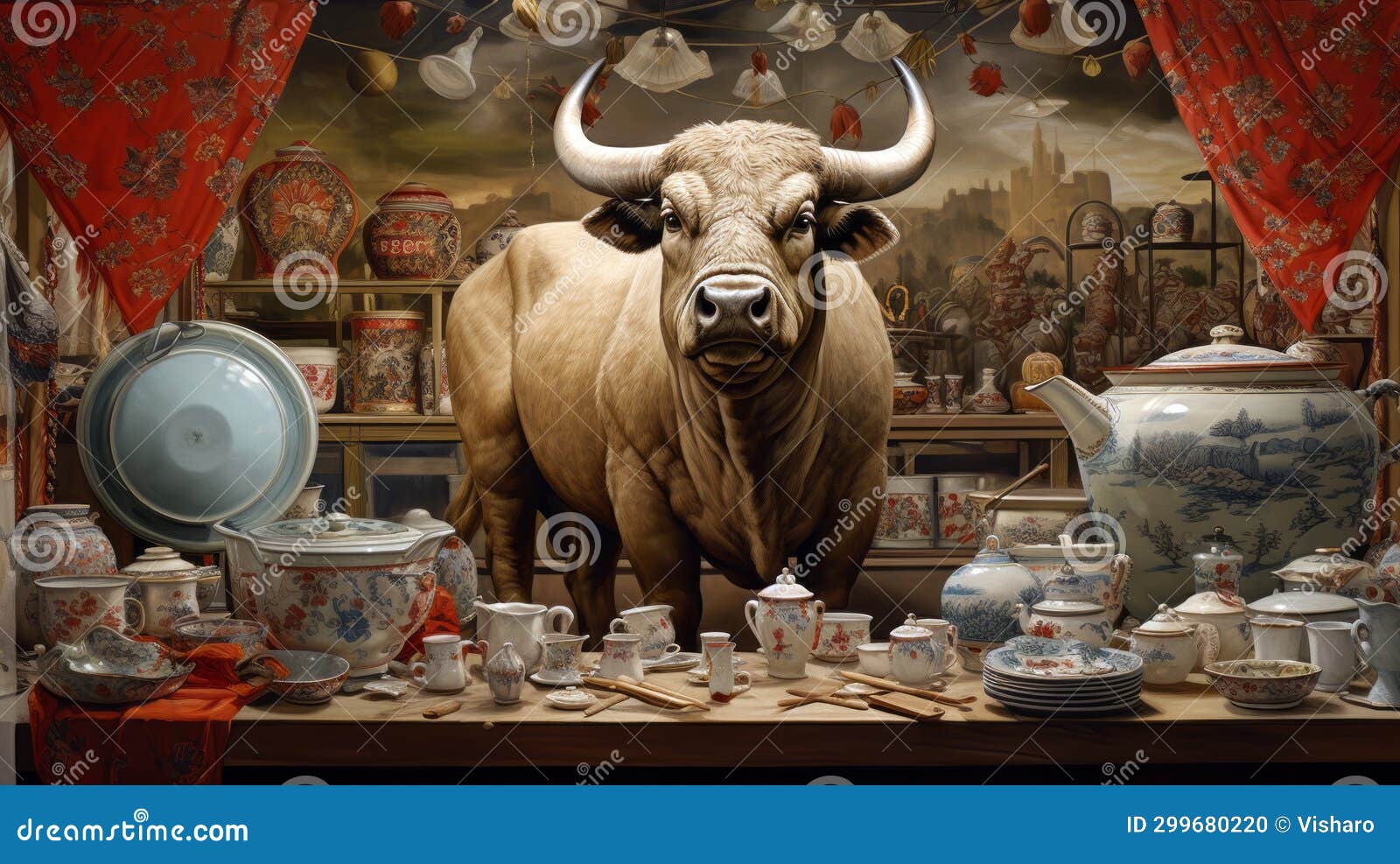Bull Standing in a China Shop Stock Illustration - Illustration of ...