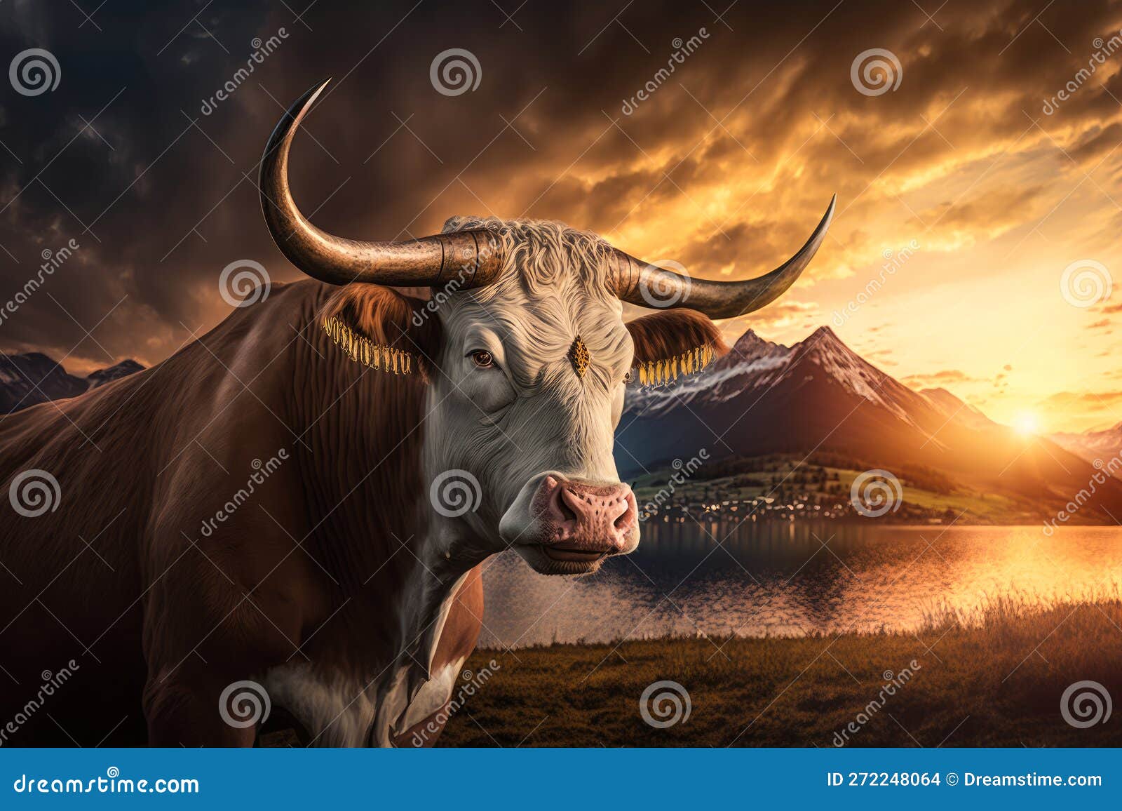 Bull Standing in Front of Lake at Sunset. Generative AI Stock ...
