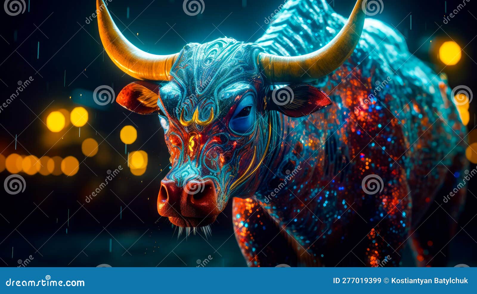 Bull that is Standing in the Rain with Lot of Lights Behind it ...