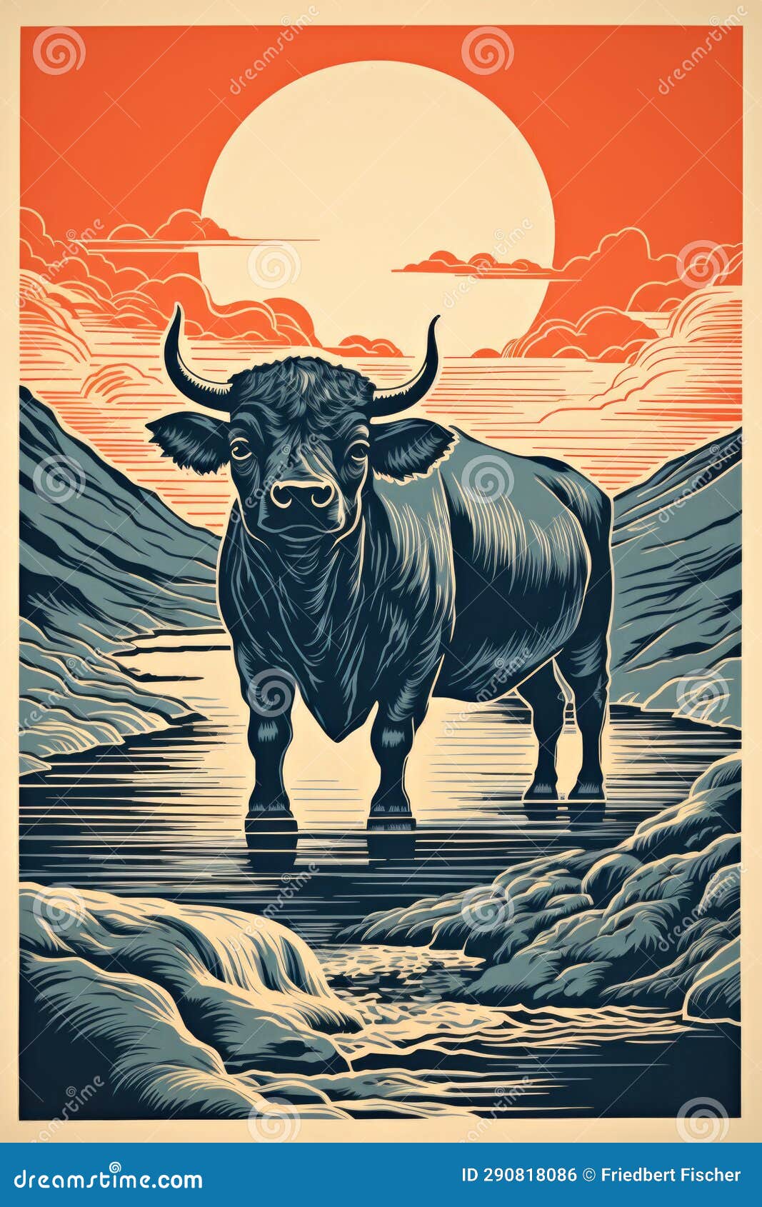 A Bull is Standing in the Water at Sunset. Stock Photo - Image of farm ...