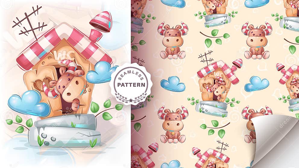 Bull in Toilet - Seamless Pattern Stock Vector - Illustration of pretty ...