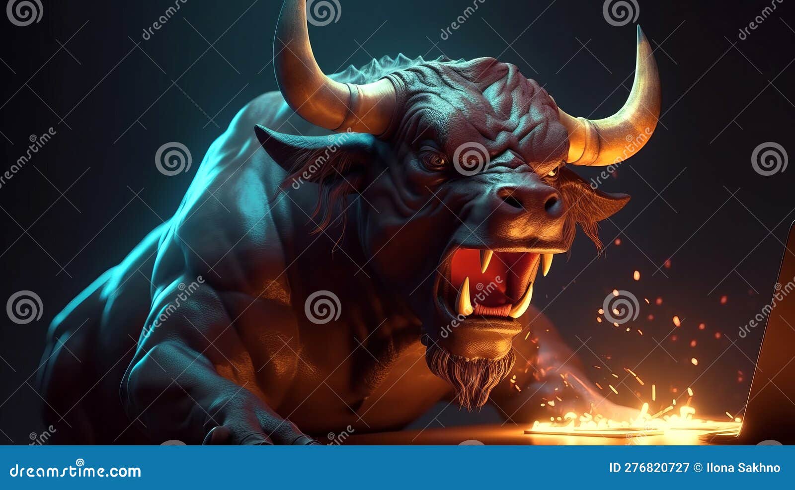 Bull Trader Working at the Computer Stock Illustration - Illustration ...