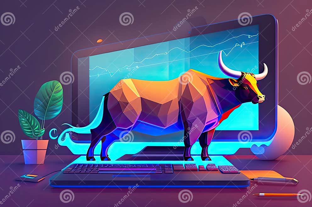 Bull Trading with Computer AI Generative AI Stock Image - Image of ...