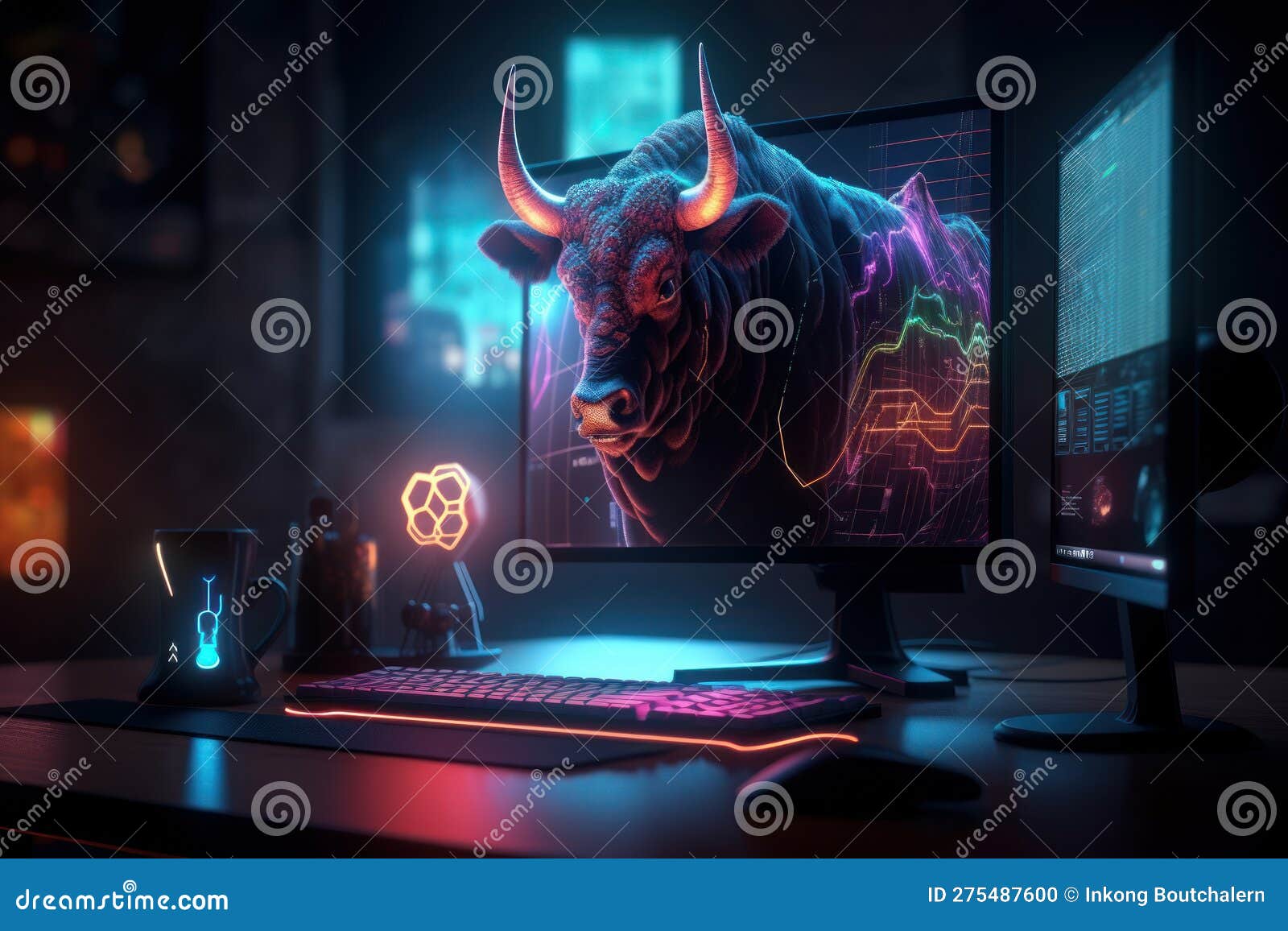 Bull Trading With Computer Background Bullish In Stock Market And
