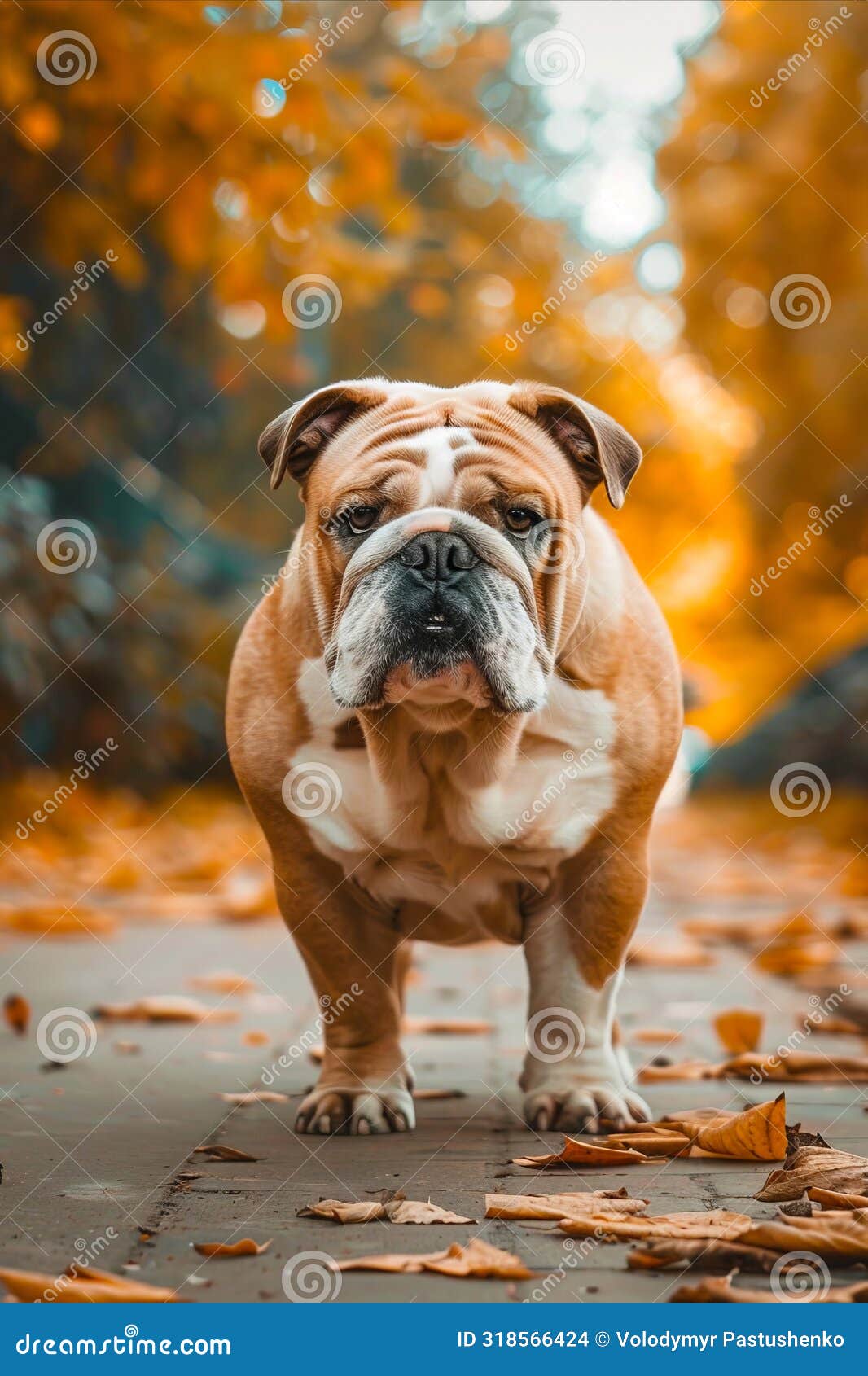A Bulldog Standing in the Fall Leaves Stock Photo - Image of leave ...
