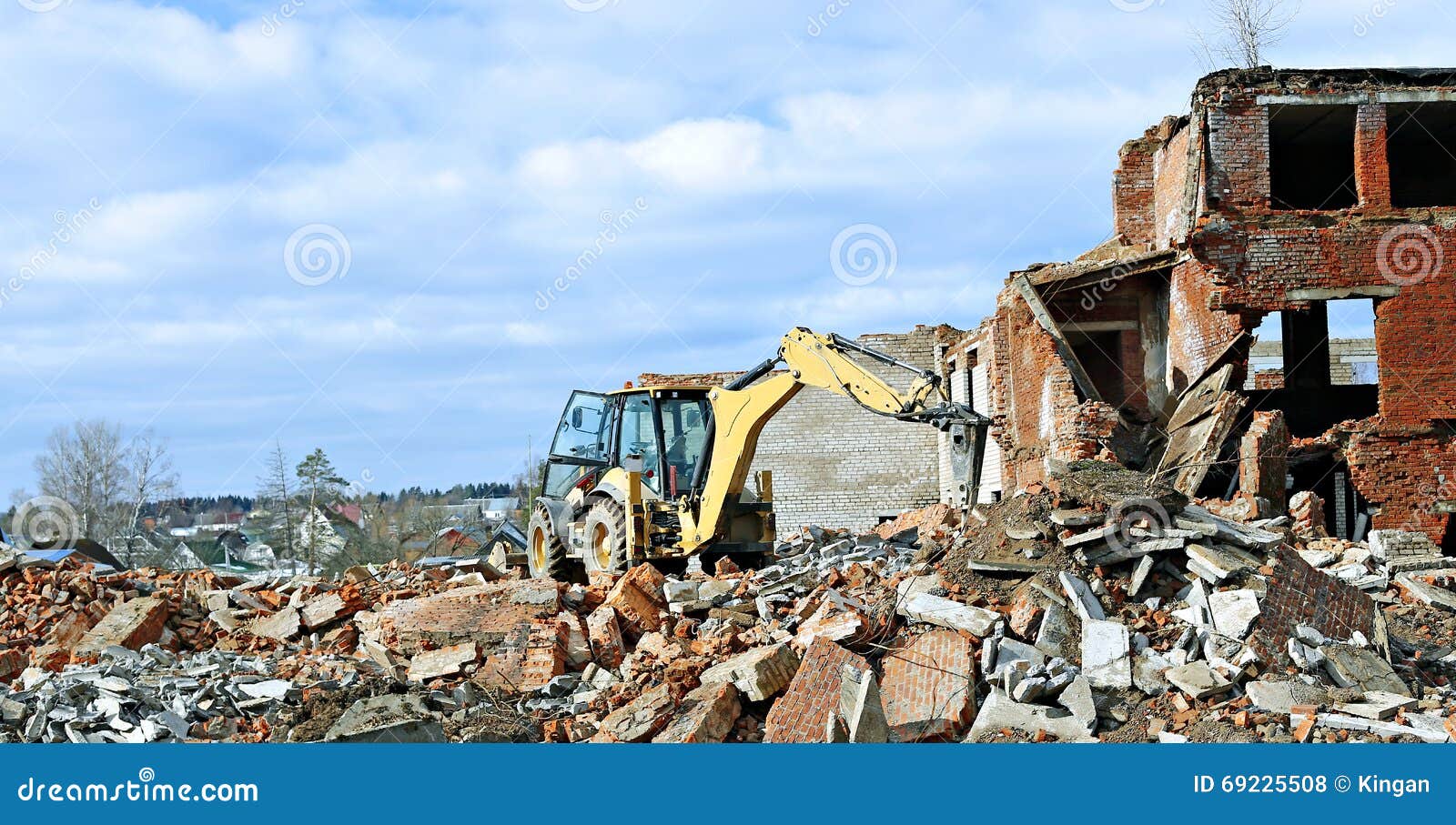 Bulldozer On A Building Site Is Breaking Old Brick Building Royalty ...