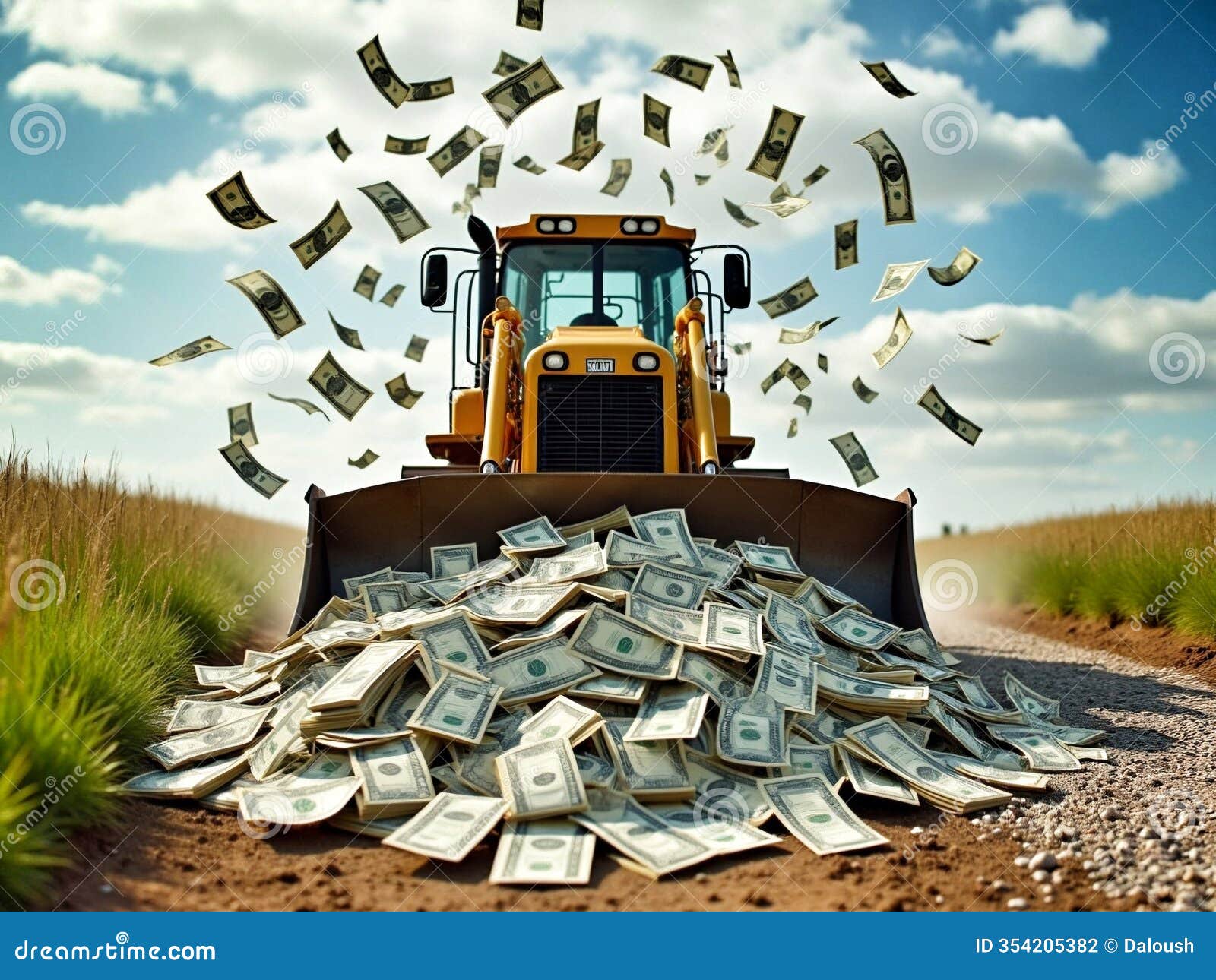 Surreal Scene of a Bulldozer Transporting Money in a Whimsical ...