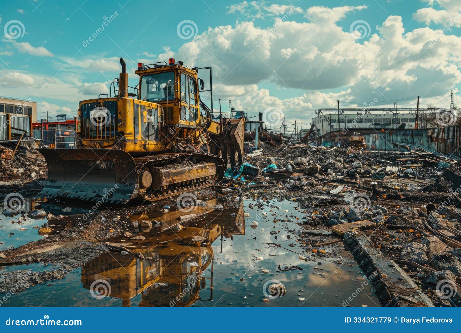 Bulldozer Clearing Debris in Industrial Construction Site with Dramatic ...