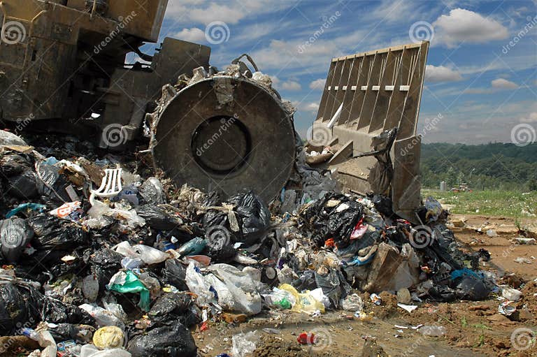 The Bulldozer on a Garbage Dump Stock Image - Image of land ...