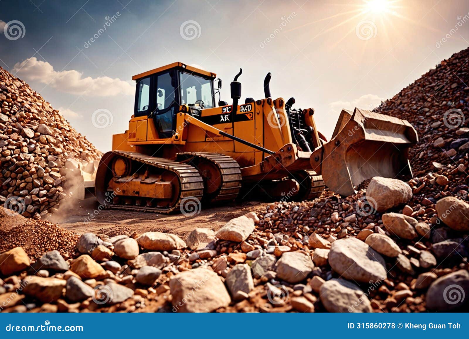 Bulldozer Moving Rocks at Construction Site or Mine Quarry Stock ...