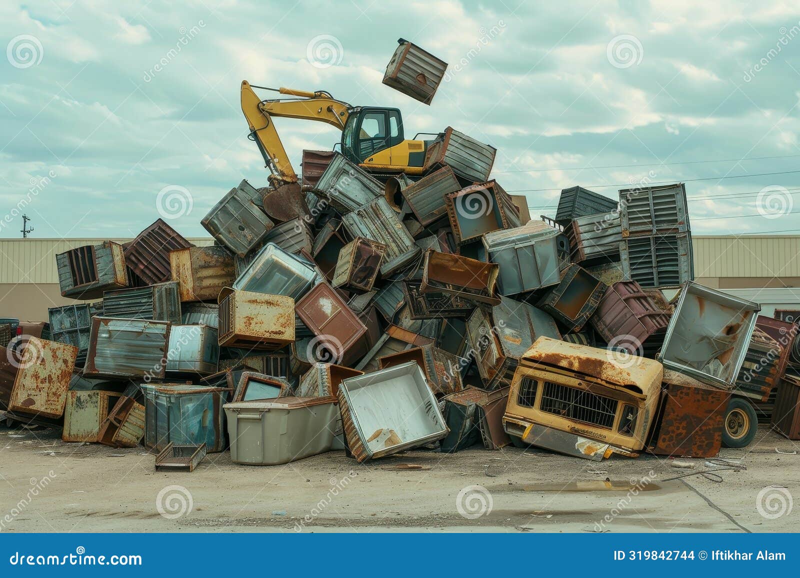 A Bulldozer Perched on a Stack of Crates, Heavy Objects Raised Overhead ...