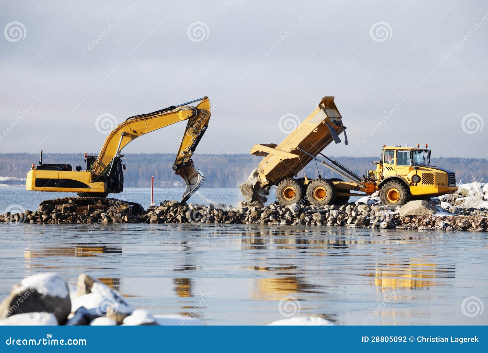 Bulldozer and Truck in Dredging Works Stock Photo - Image of excavating ...