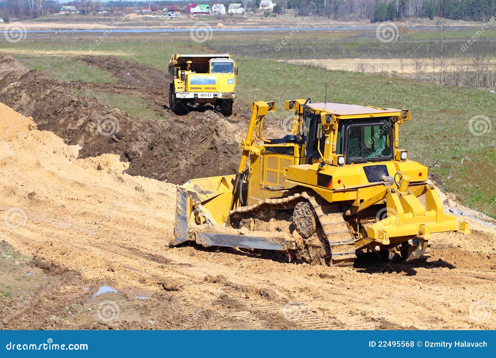 Bulldozer and truck work stock photo. Image of overburden - 22495568