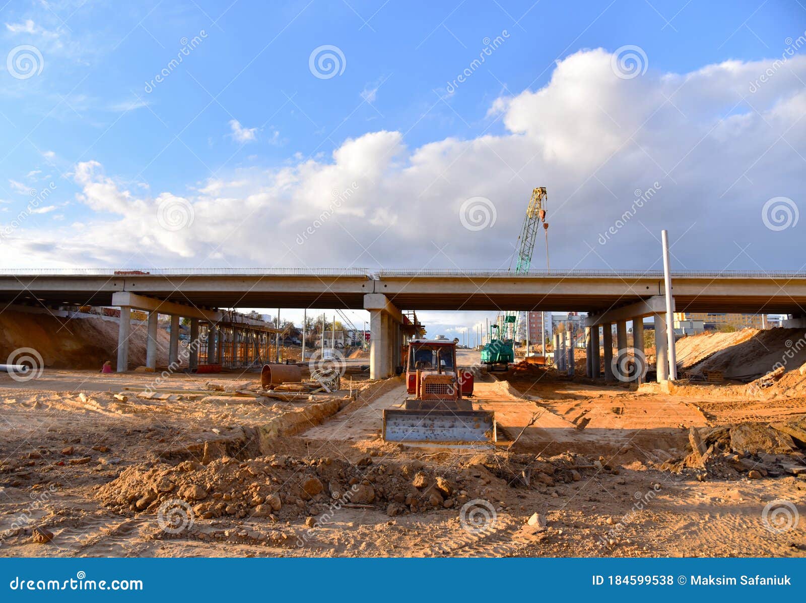 Bulldozer Working at Construction Highway Ramps and Bridgeworks ...