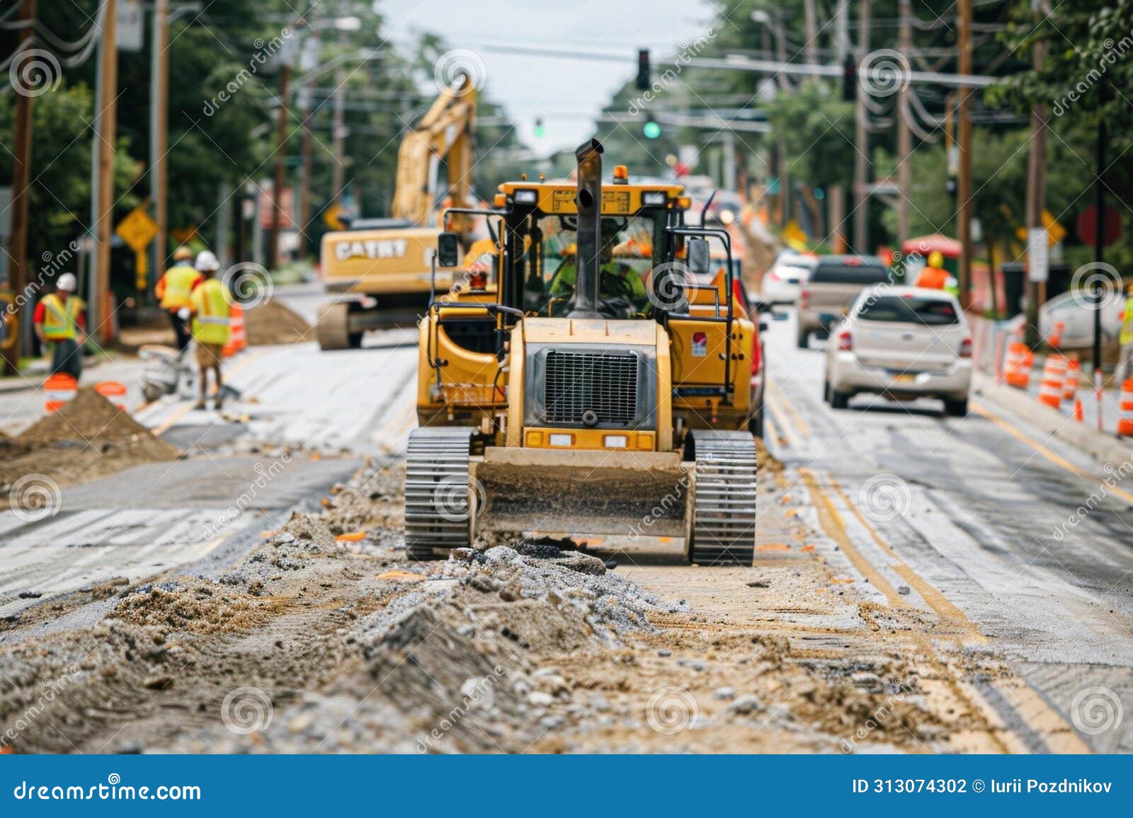 Bulldozer Working on a Road Construction Site with Cars Passing by ...
