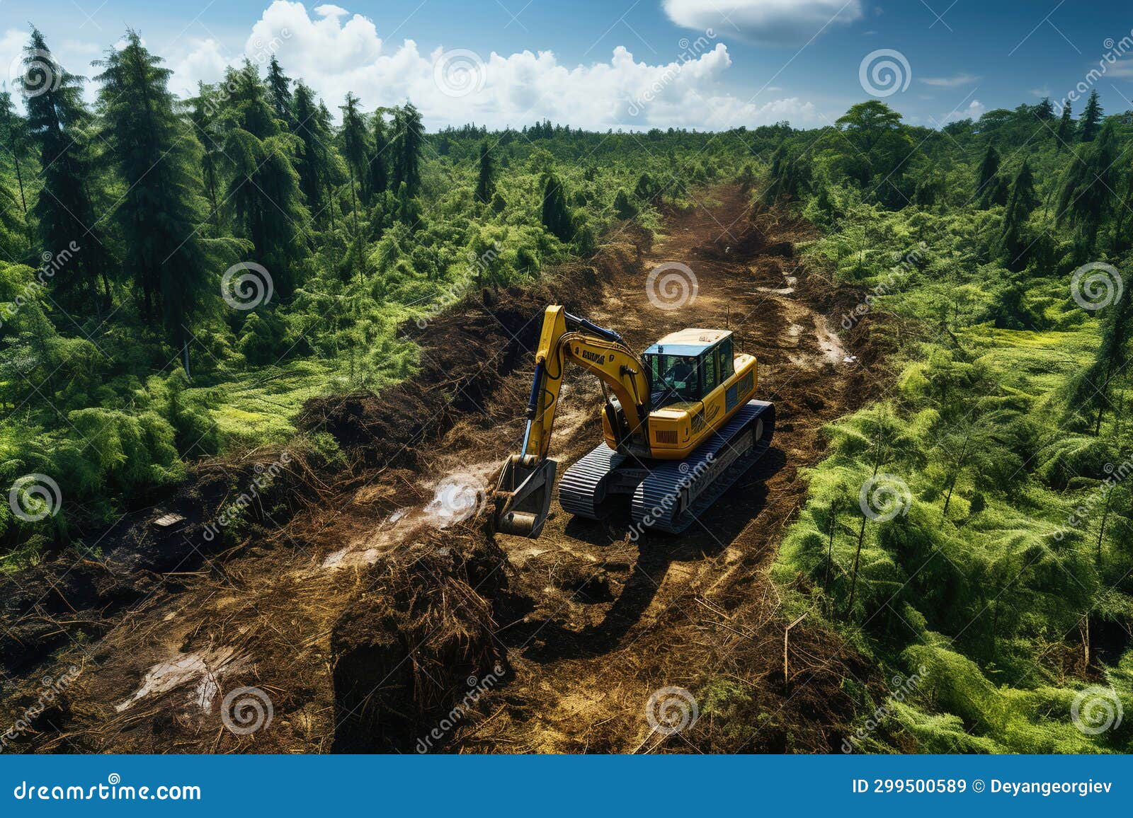 Bulldozers Digging A Dirt Road In A Forest. Global Deforestation Stock ...