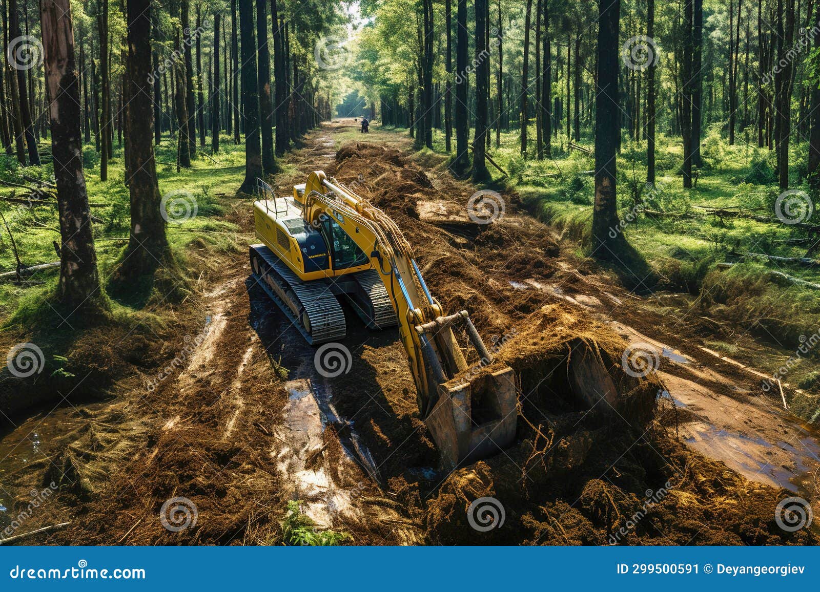Bulldozers Digging A Dirt Road In A Forest. Global Deforestation ...