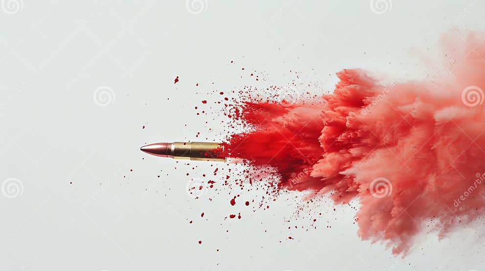 Bullet Exploding into Red Powder on White Background. Conceptual Image ...