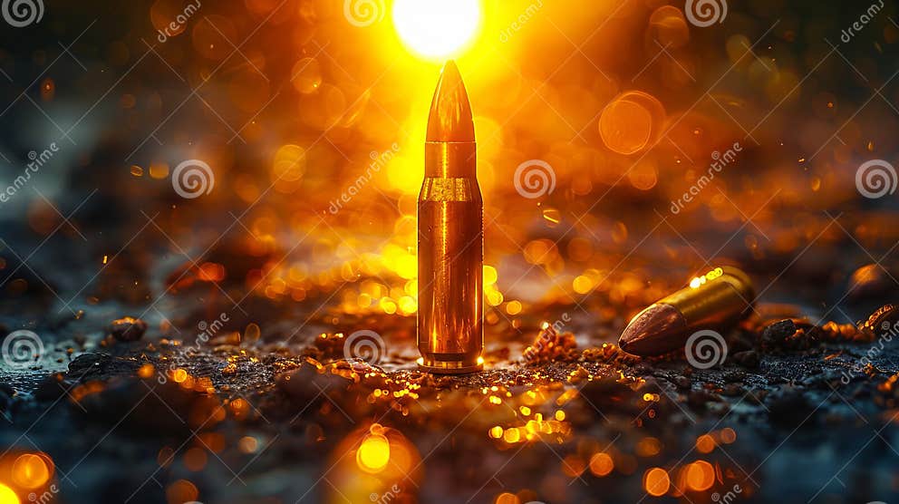 A Bullet Laying on the Ground with the Sun in the Background Stock ...