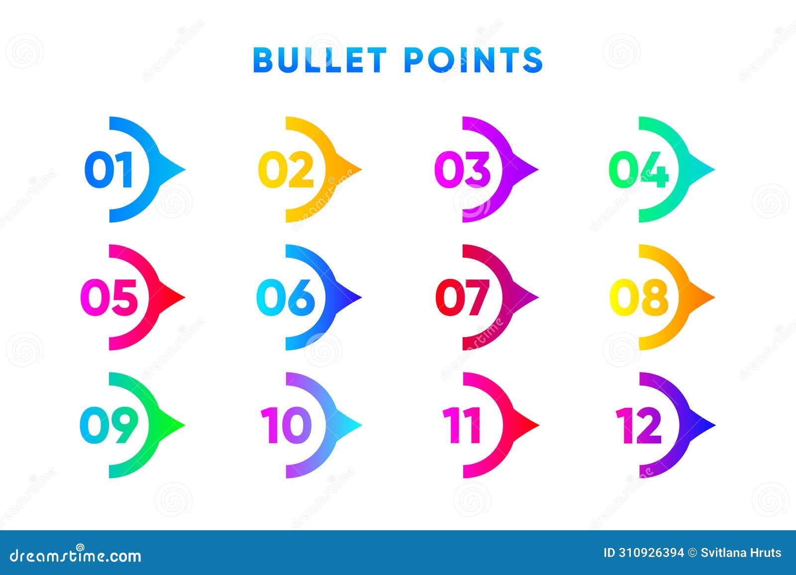 Bullet Points. Direction Number from One To Twelve. Different Color a ...